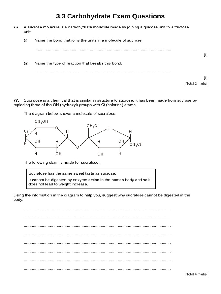 3.3 Carbohydrate Exam Questions - 4 | PDF | Carbohydrates | Fructose