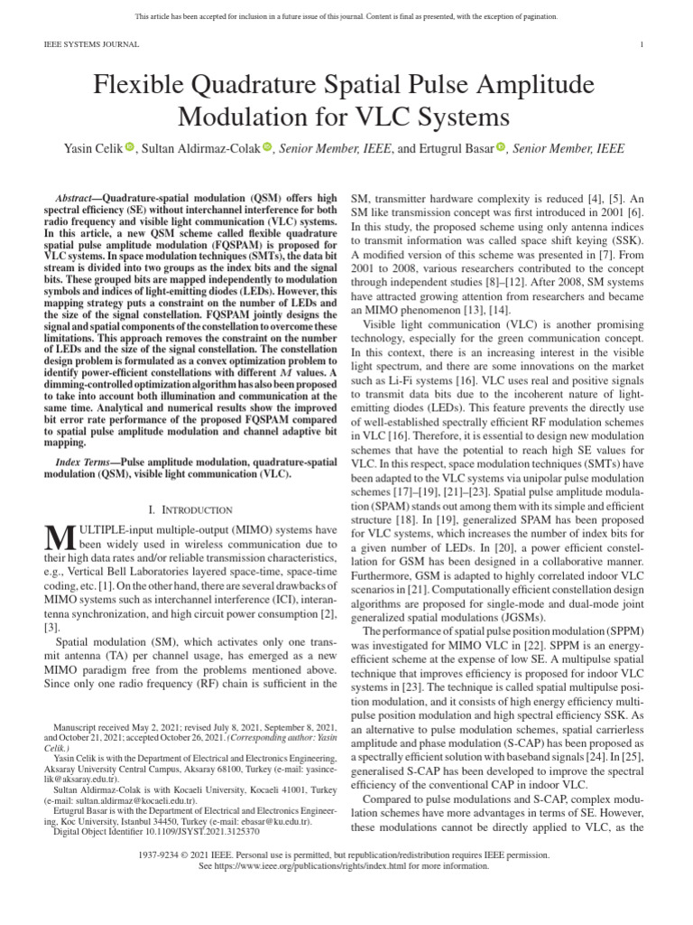 Flexible Quadrature Spatial Pulse Amplitude Modulation for VLC Systems | PDF | Modulation | Mimo