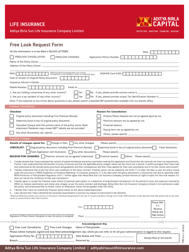 Freelook Request Form | PDF | Insurance | Life Insurance