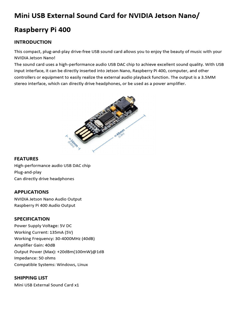 Mini USB External Sound Card For NVIDIA Jetson Nano/ Raspberry Pi 400 | PDF