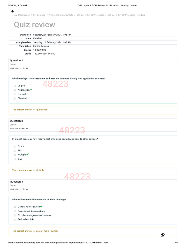 OSI Layer & TCP Protocols - PreQuiz - Attempt Review | PDF | Osi Model | Network Topology