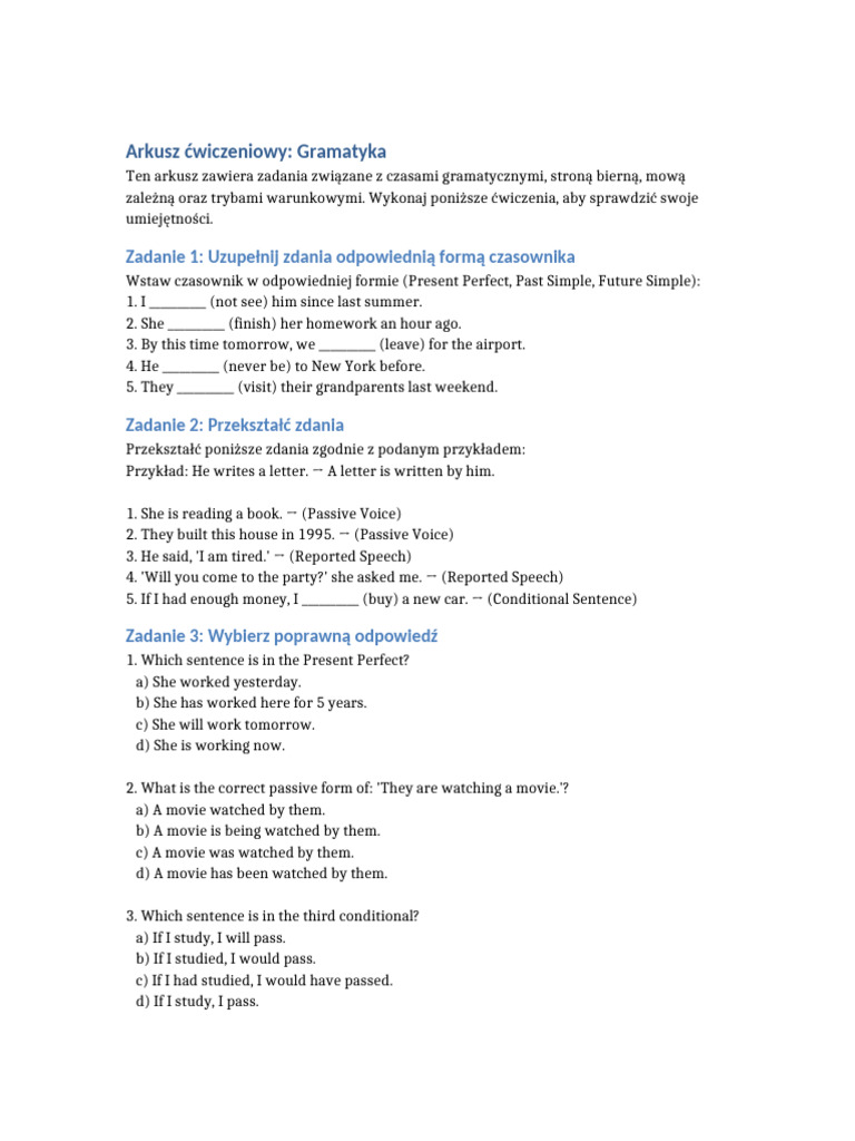 Arkusz Gramatyka | PDF