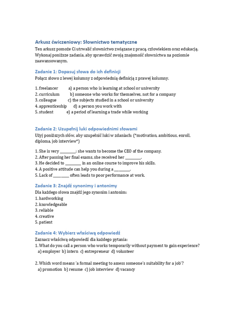 Arkusz_Slownictwo_Tematyczne | PDF