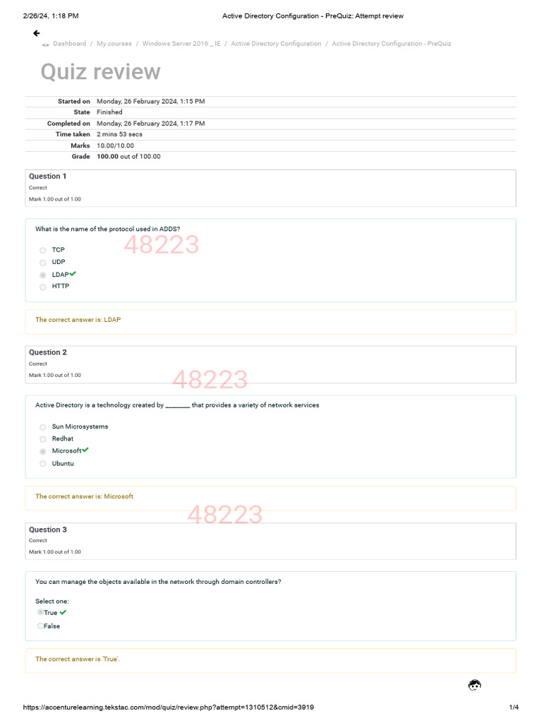 Active Directory Configuration - PreQuiz - Attempt Review | PDF | Active Directory | Internet