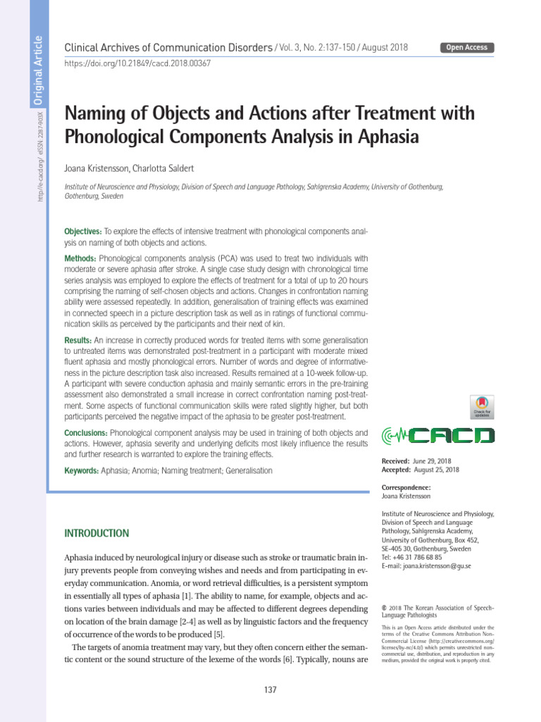 Naming of Objects and Actions After Treatment With | PDF | Aphasia ...