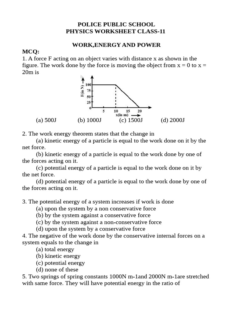 Class 11 Physics Worksheet: Work, Energy, Power | PDF | Collision | Force