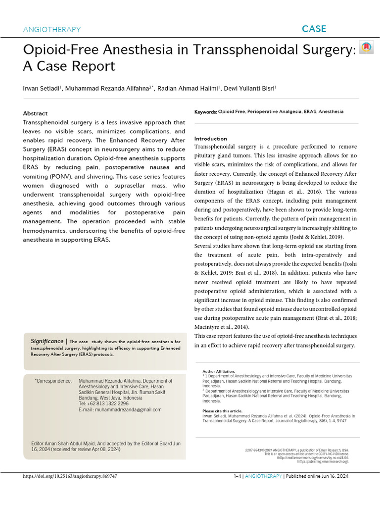 Opioid-Free Anesthesia in Transsphenoidal Surgery (2) | PDF ...