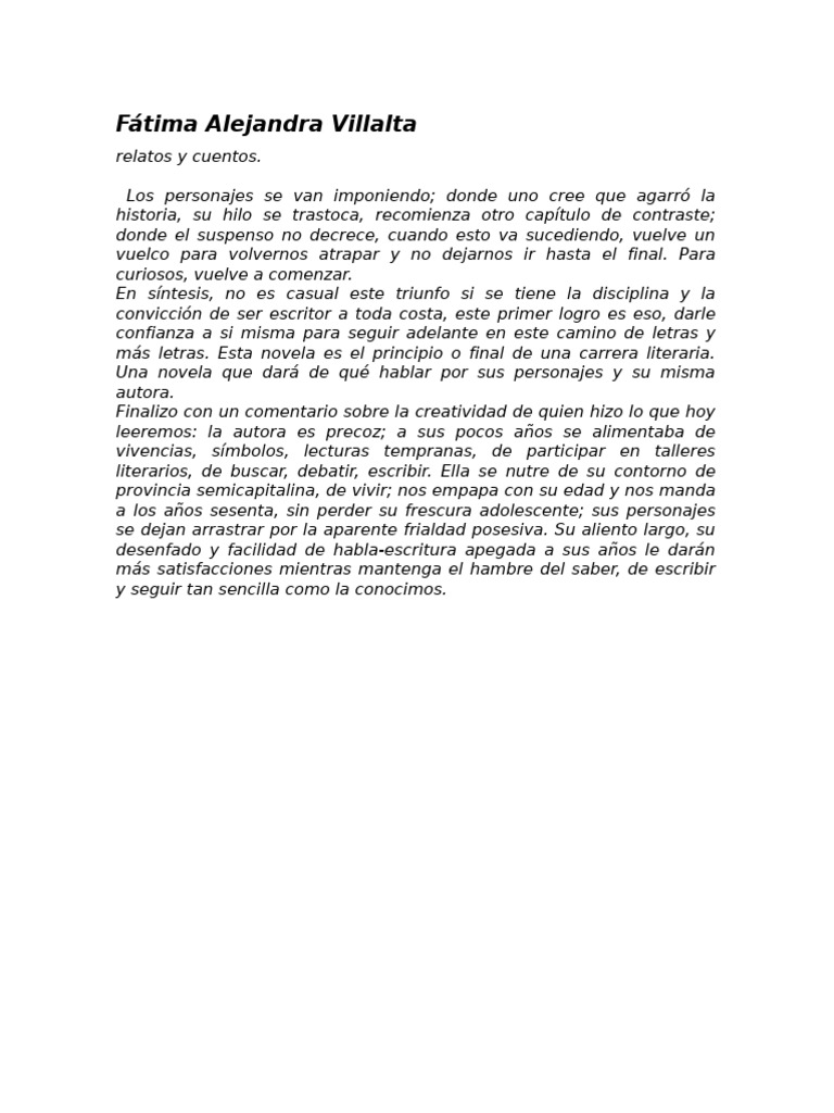 Novela de Fátima Alejandra Villalta | PDF