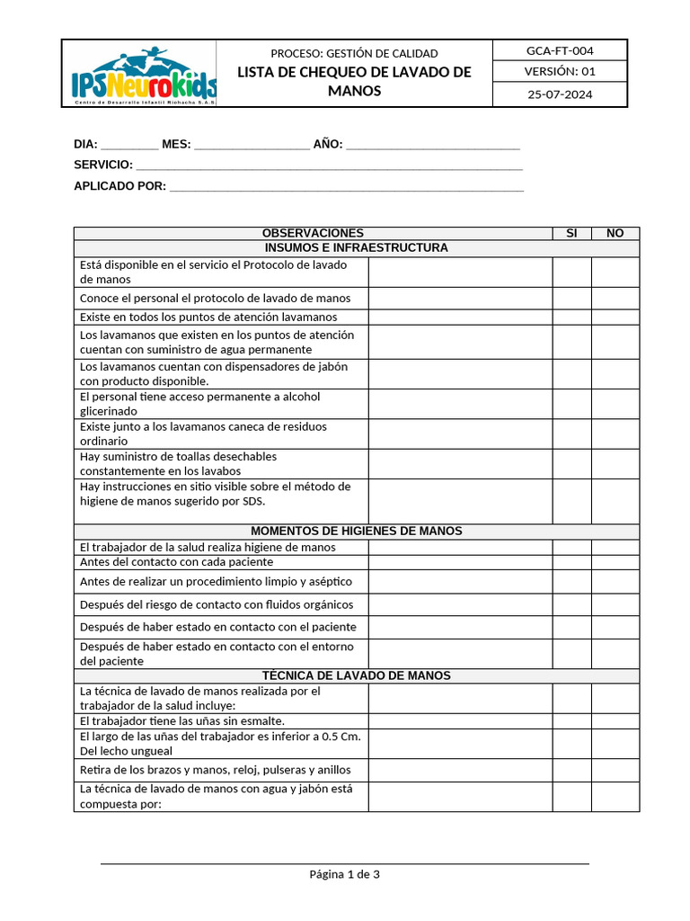 GCA-FT-04 LISTA DE CHEQUEO DE LAVADO DE MANOS RR | PDF | Lavado de ...