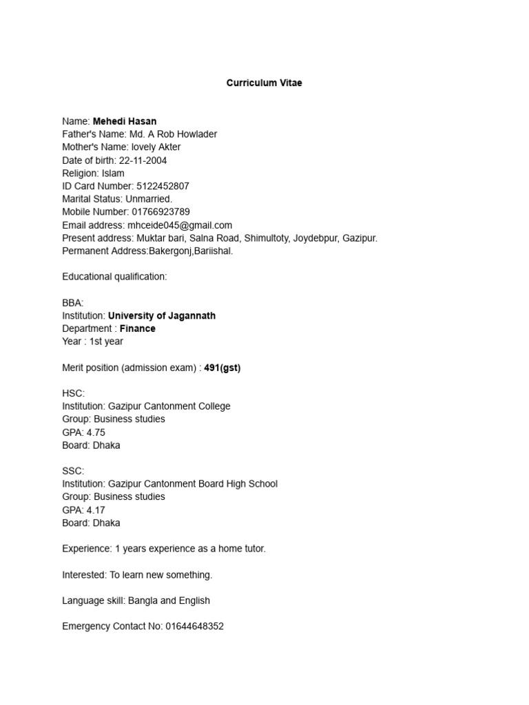 Mehedi Hasan's Curriculum Vitae | PDF