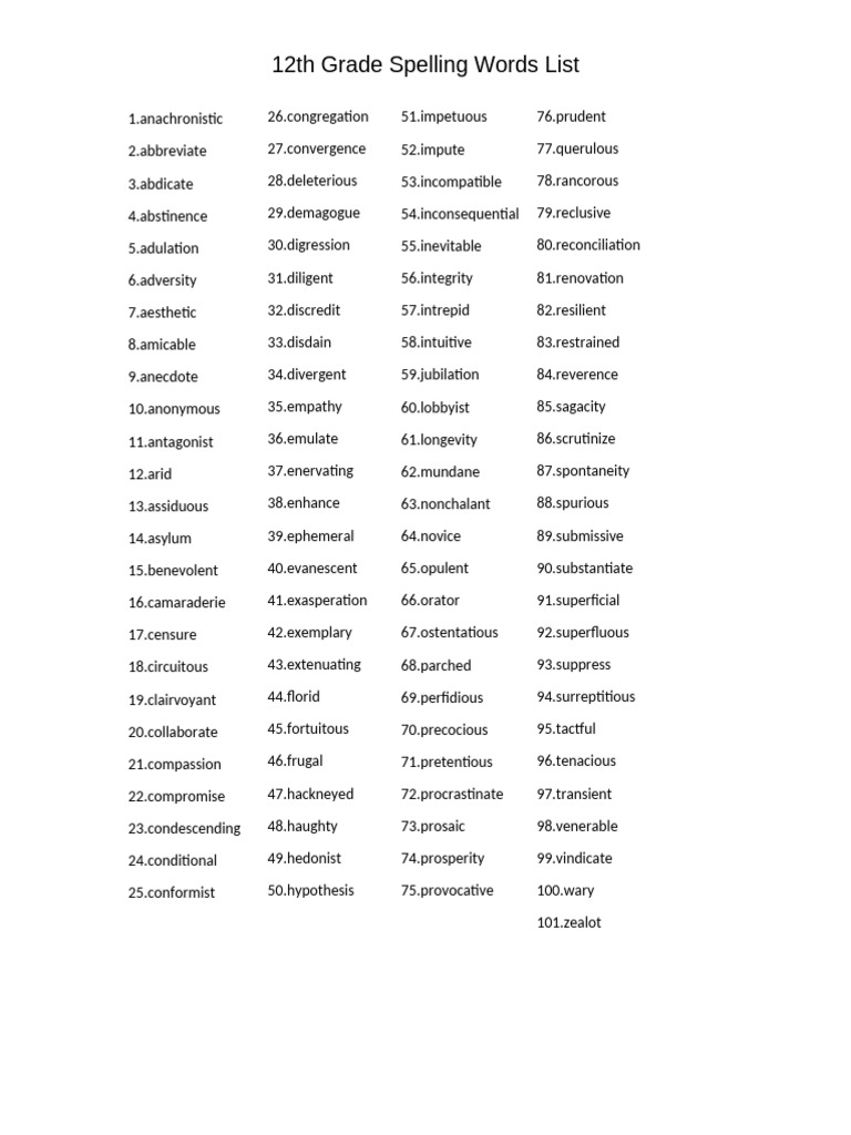 12th Grade Vocabulary List | PDF