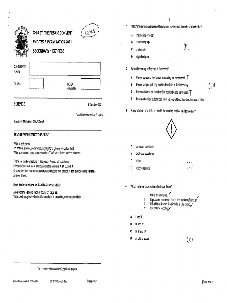 S1 Science CHIJ 2021 SA2 - Ans | PDF