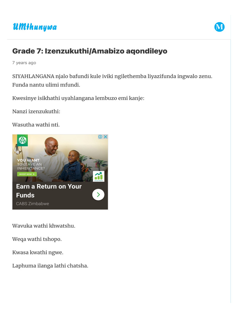 Grade 7: Izenzukuthi/Amabizo Aqondileyo - Umthuny | PDF