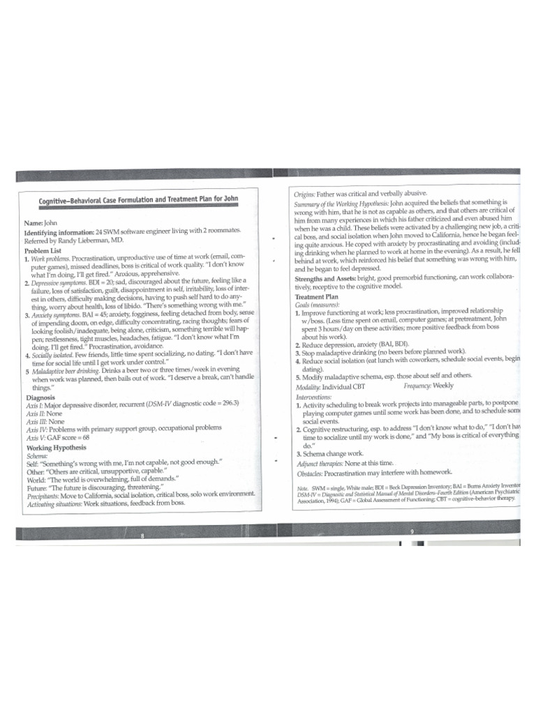 Cognitive-Behavioral Case Formulation and Treatment Plan For John - JPG ...