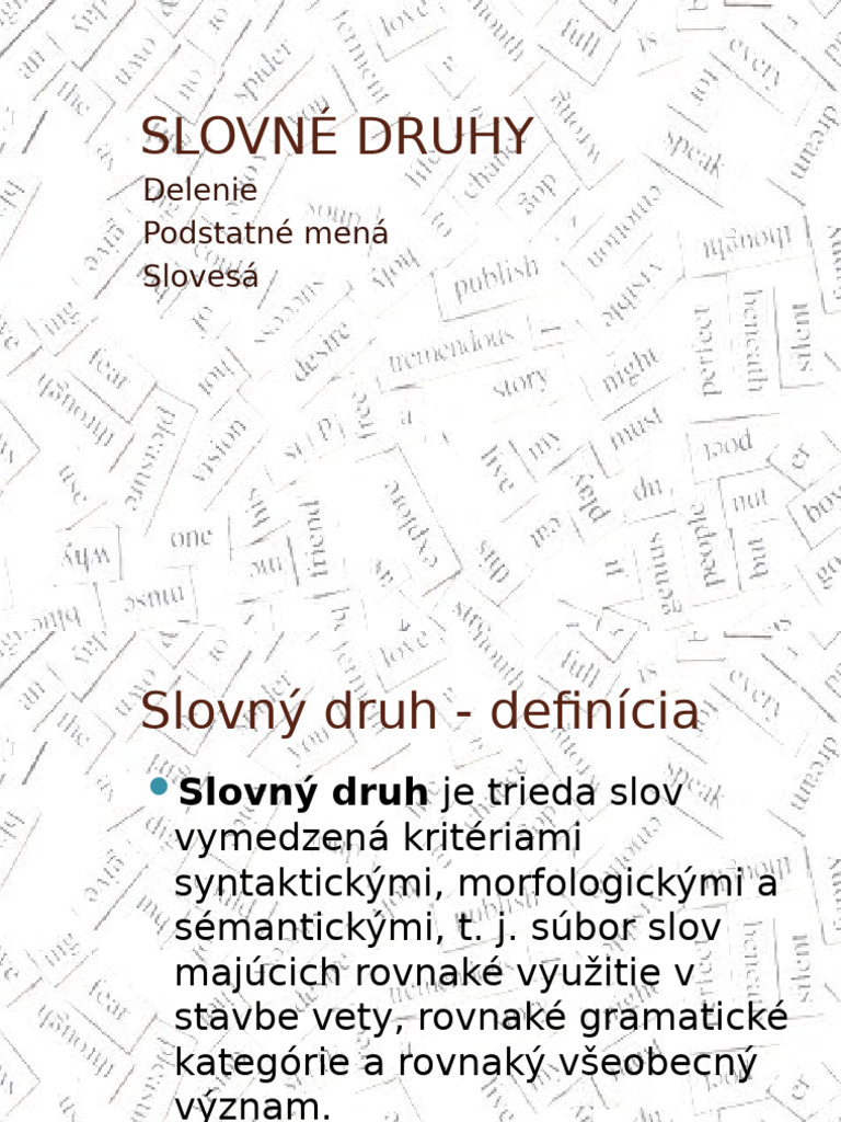 Morfologia Slovne Druhy Podstatne Mena Slovesa | PDF