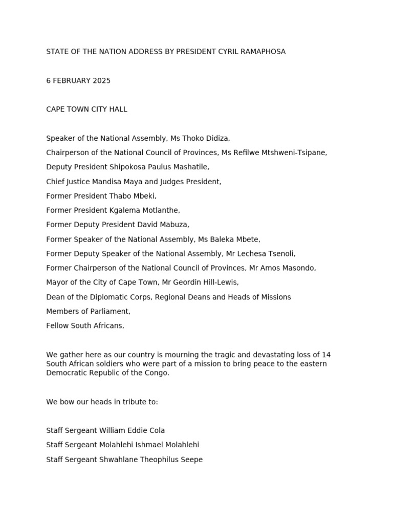 State of The Nation Address by President Cyril Ramaphosa | PDF ...