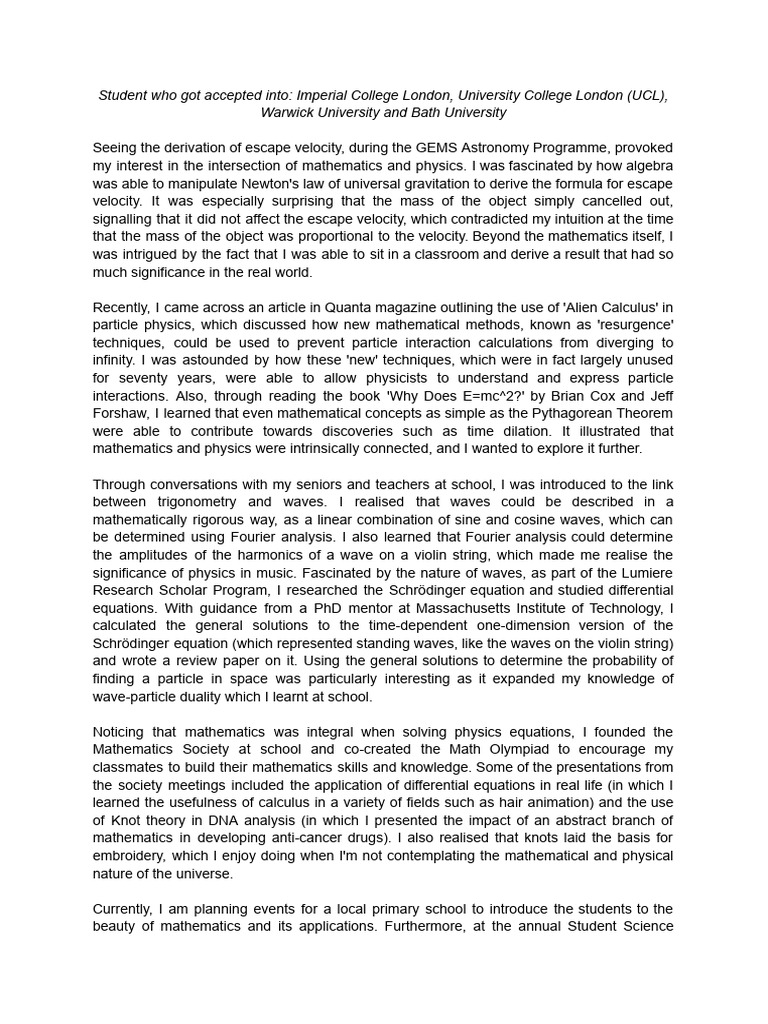 Sample UCAS Personal Statement - Math Physics | PDF | Mathematics | Mathematical Analysis