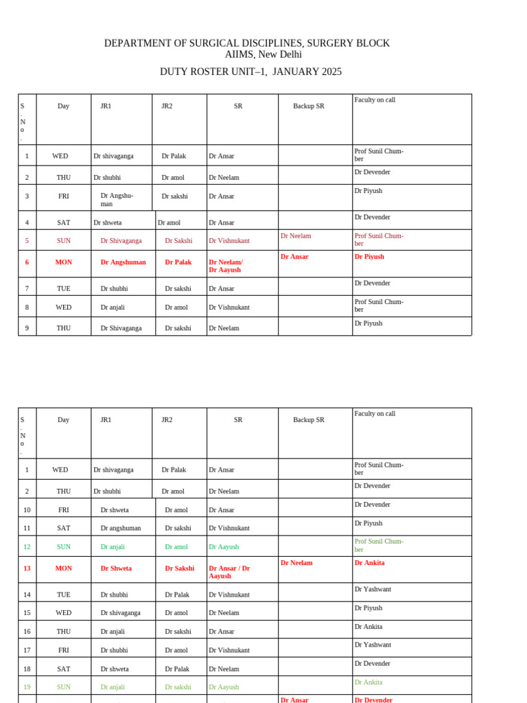 Roster Jan 25 Unit 1 | PDF