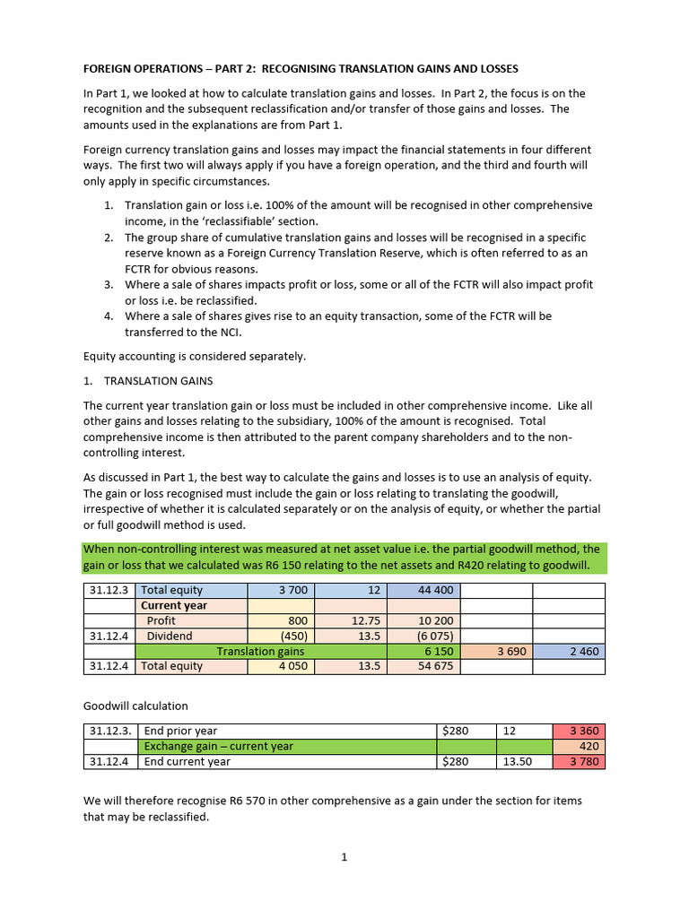 FOREIGN OPERATIONS - Part 2 - Recognising Gains FCTR | PDF | Equity ...