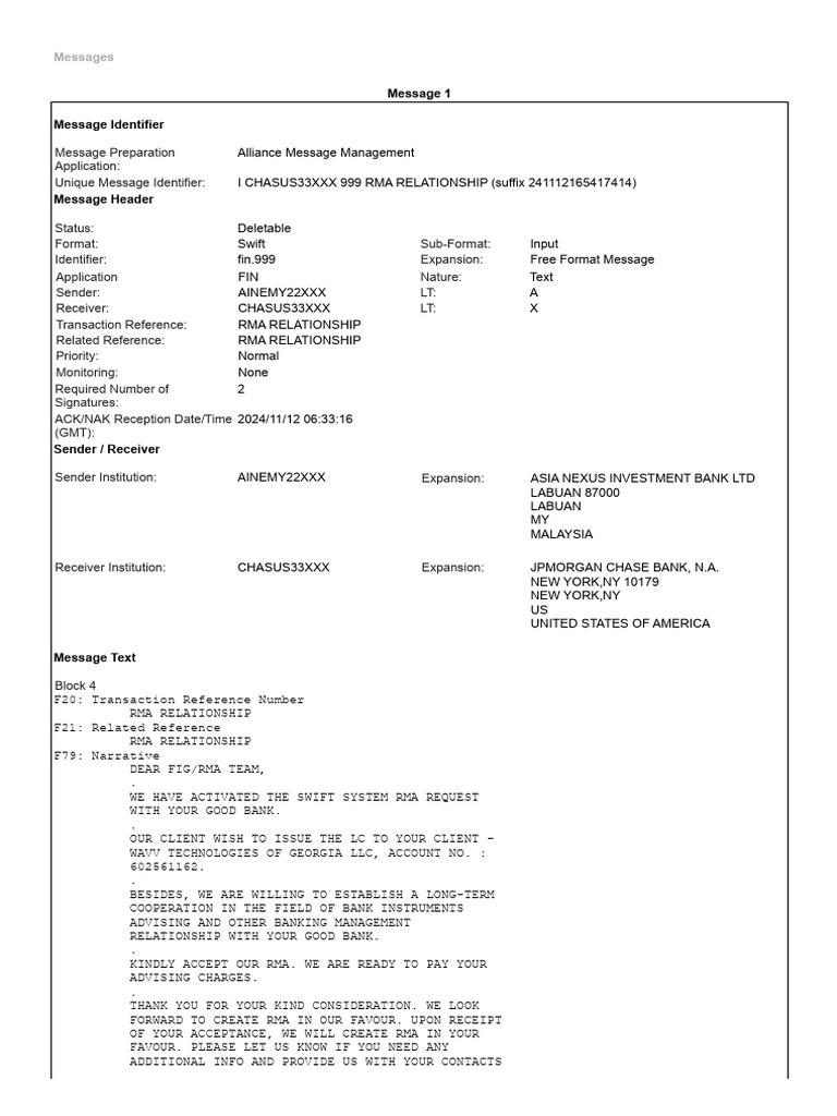 Ane - Chasus33xxx Rma Request - Swift Out - 12.11.2024 | PDF | Internet ...