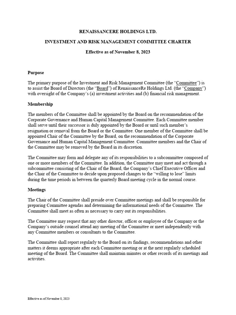 RenaissanceRe Investment Committee Charter | PDF | Investment ...