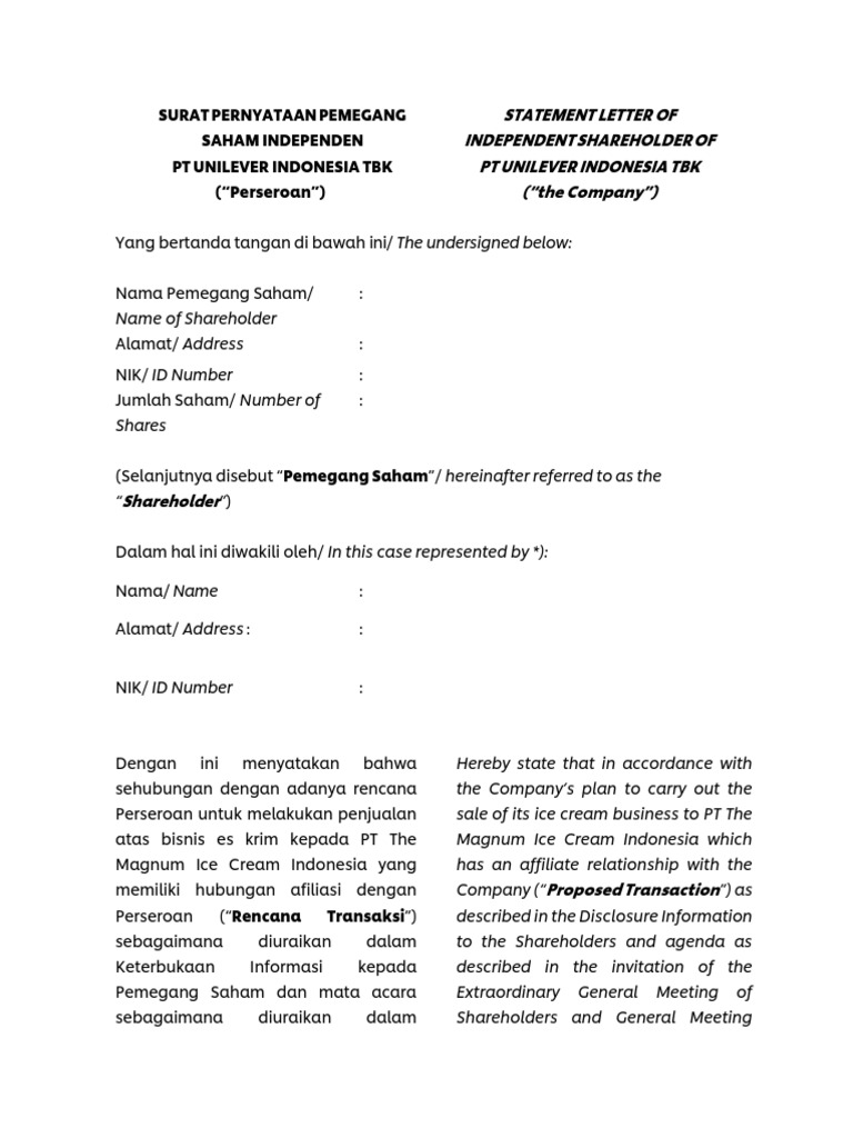 Surat Pernyataan Pemegang Saham Independen Statement Letter of ...