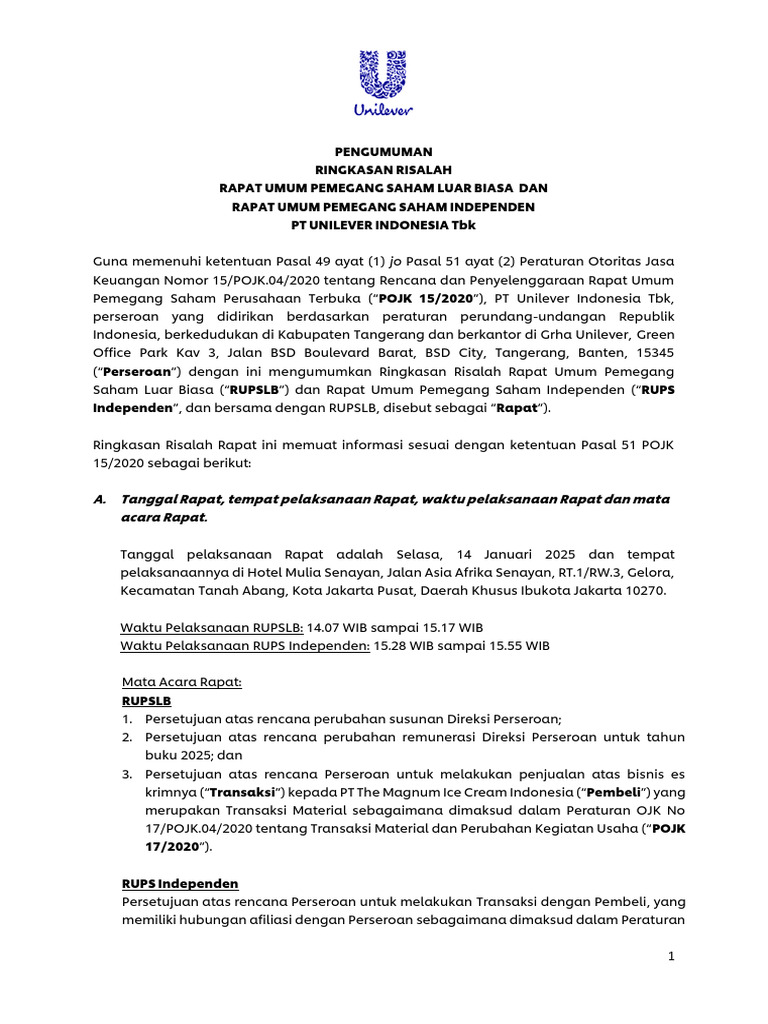 Ringkasan Risalah Rupslb Dan Rups Independen 2025 | PDF