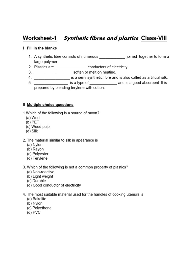 Synthetic Fibres and Plastics Worksheet | PDF | Fibers | Plastic