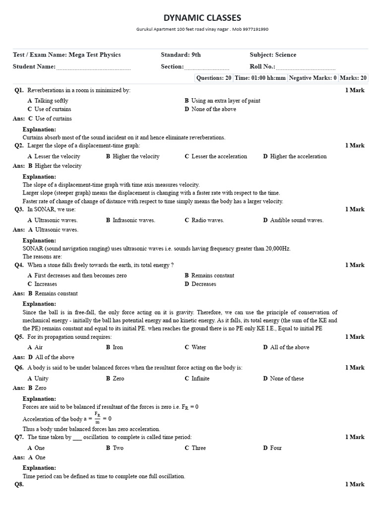 Class 9th Test Physics Ans | PDF | Buoyancy | Force