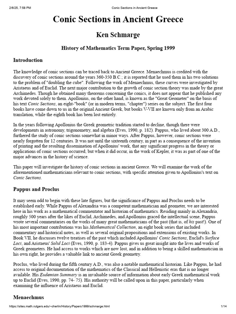 Conic Sections in Ancient Greece | PDF | Euclid | Ellipse