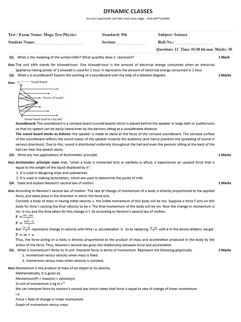 class 9th test theory ans | PDF | Frequency | Force