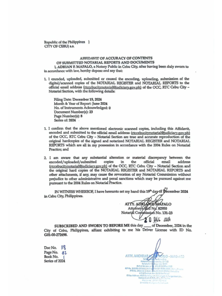 Mapalo AFFIDAVIT OF ACCURACY OF CONTENTS OF SUBMITTED NOTARIAL REPORTS AND DOCUMENTS - SEPTEMBER ...