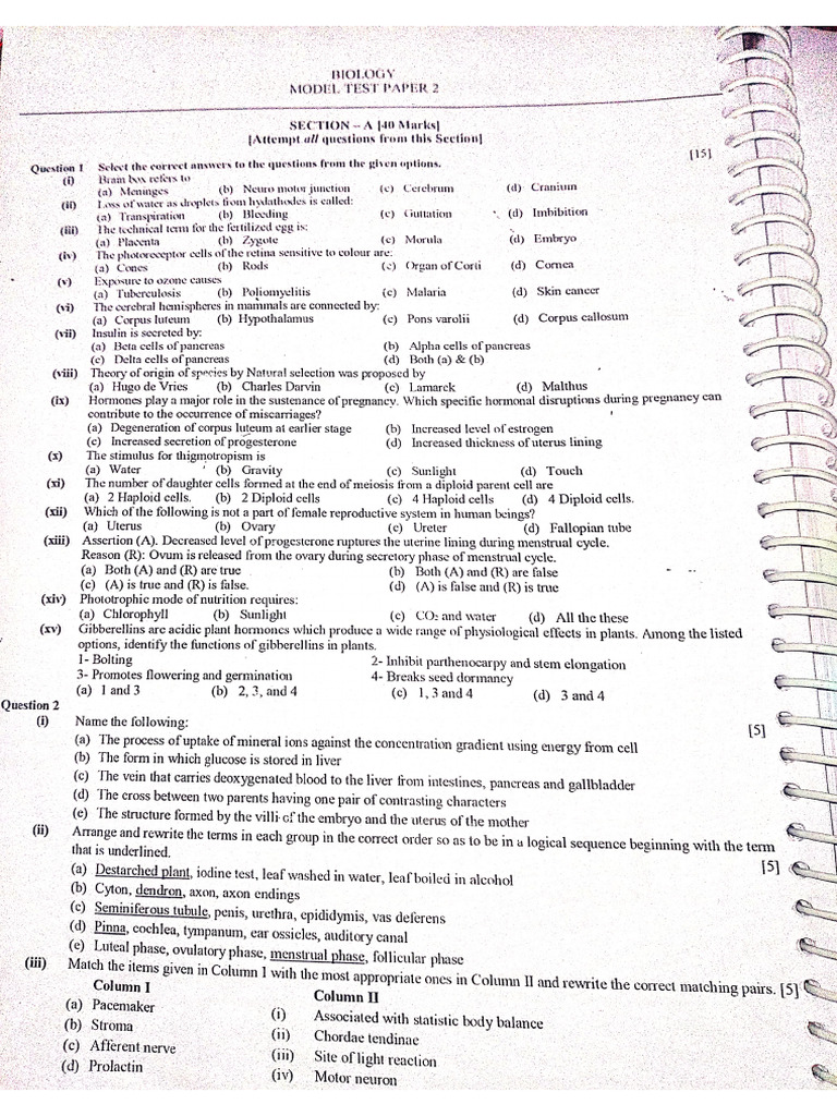 Biology Model Test Paper 2 | PDF