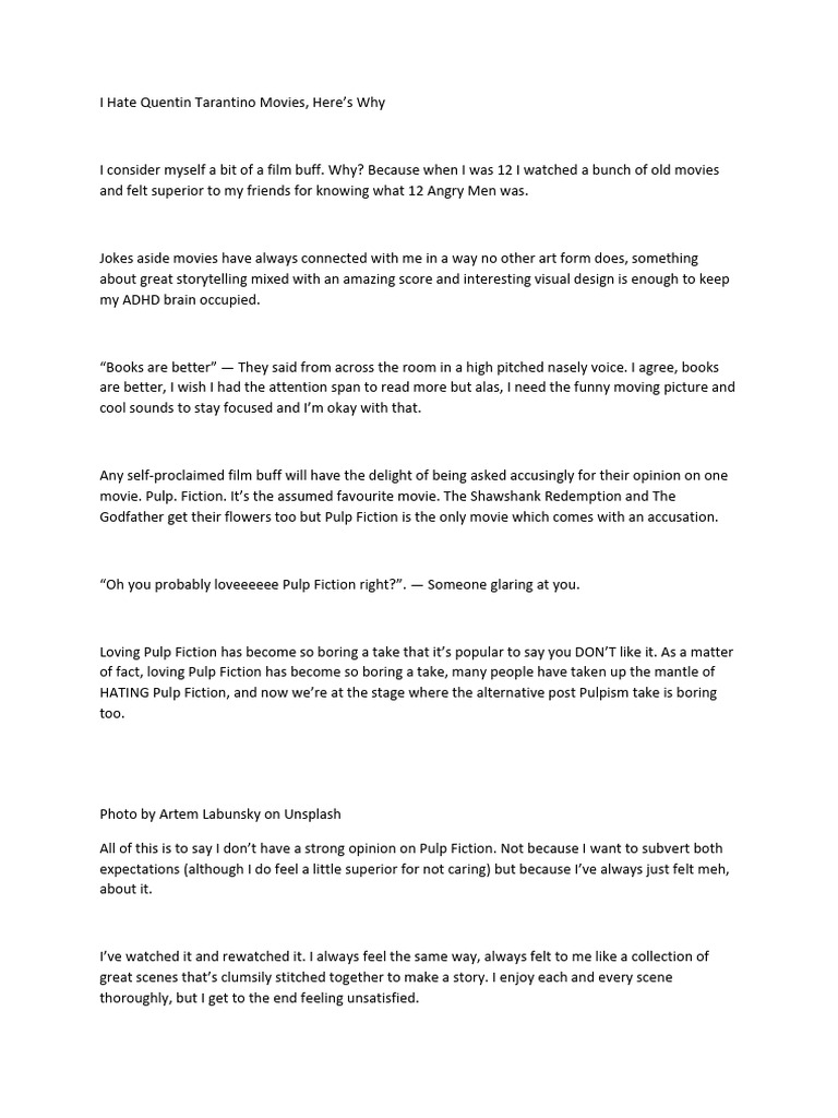 I Hate Quentin Tarantino Movies | PDF | Pulp Fiction