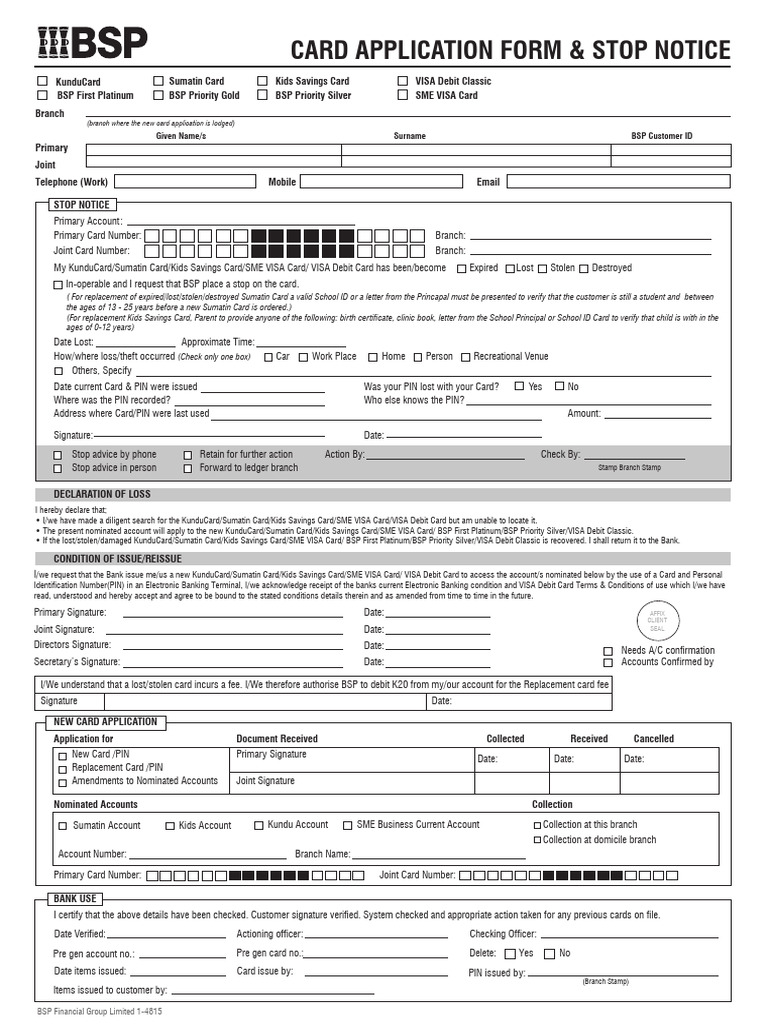 BSP card-application-and-stop-notice-form | PDF | Debit Card | Visa Inc.