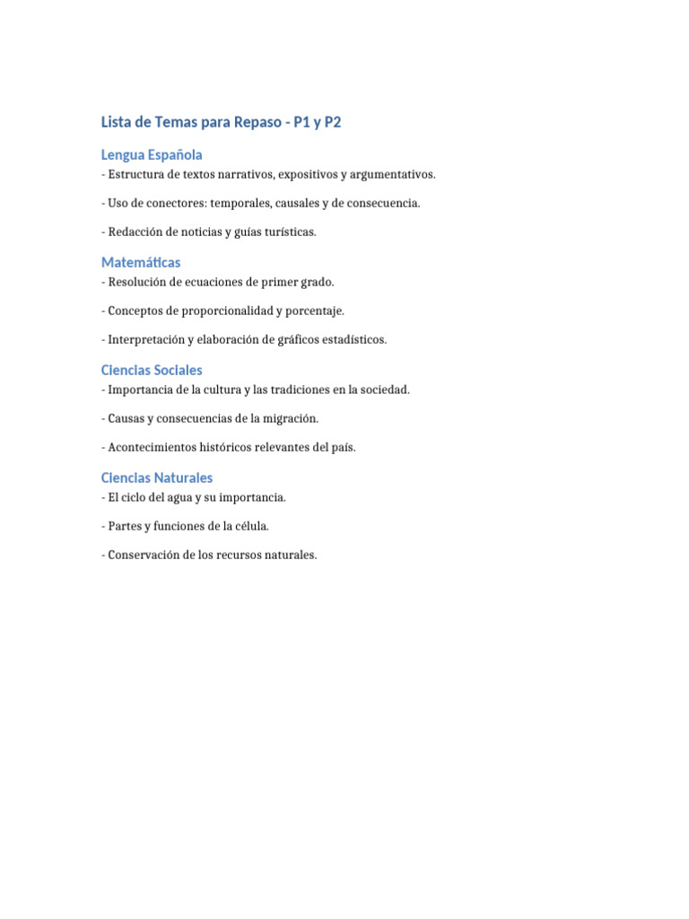Temas Repaso P1 P2 Secundaria | PDF