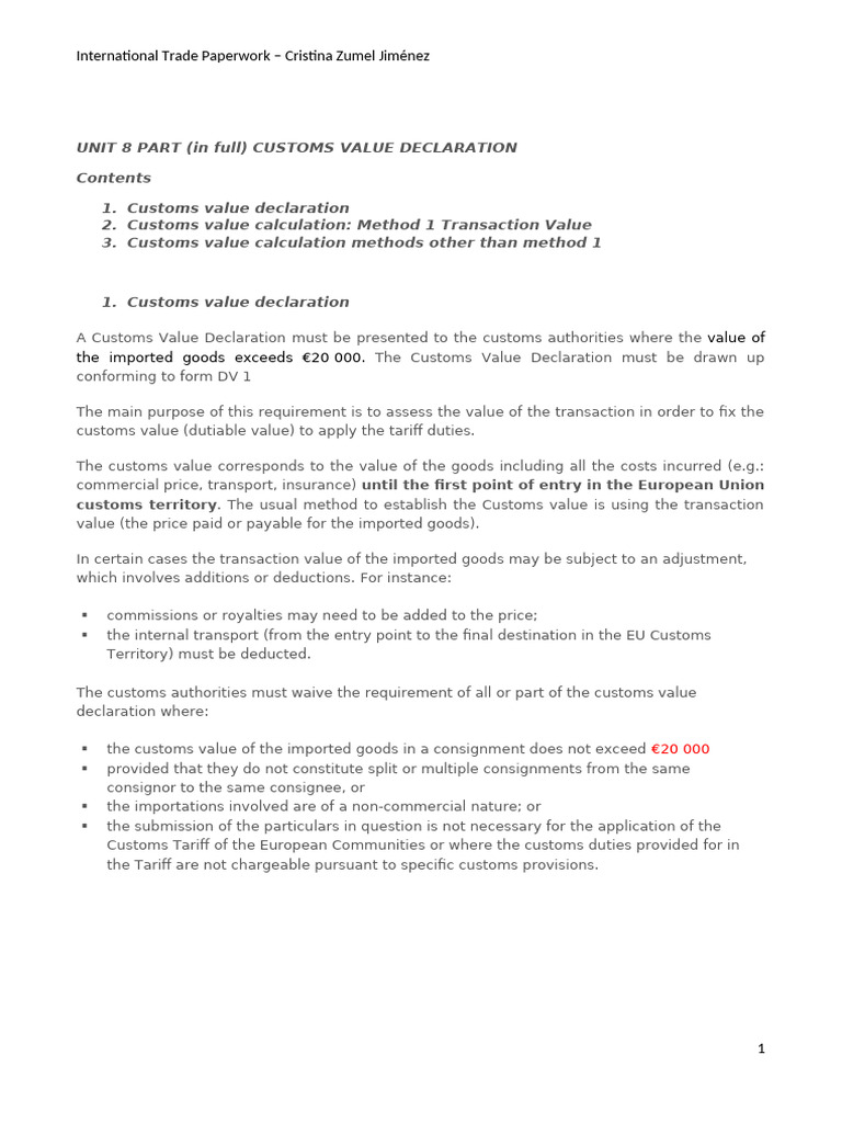 UNIT 8 P (in full) CUSTOMS VALUE DECLARATION (UPDATED 2020) | PDF ...