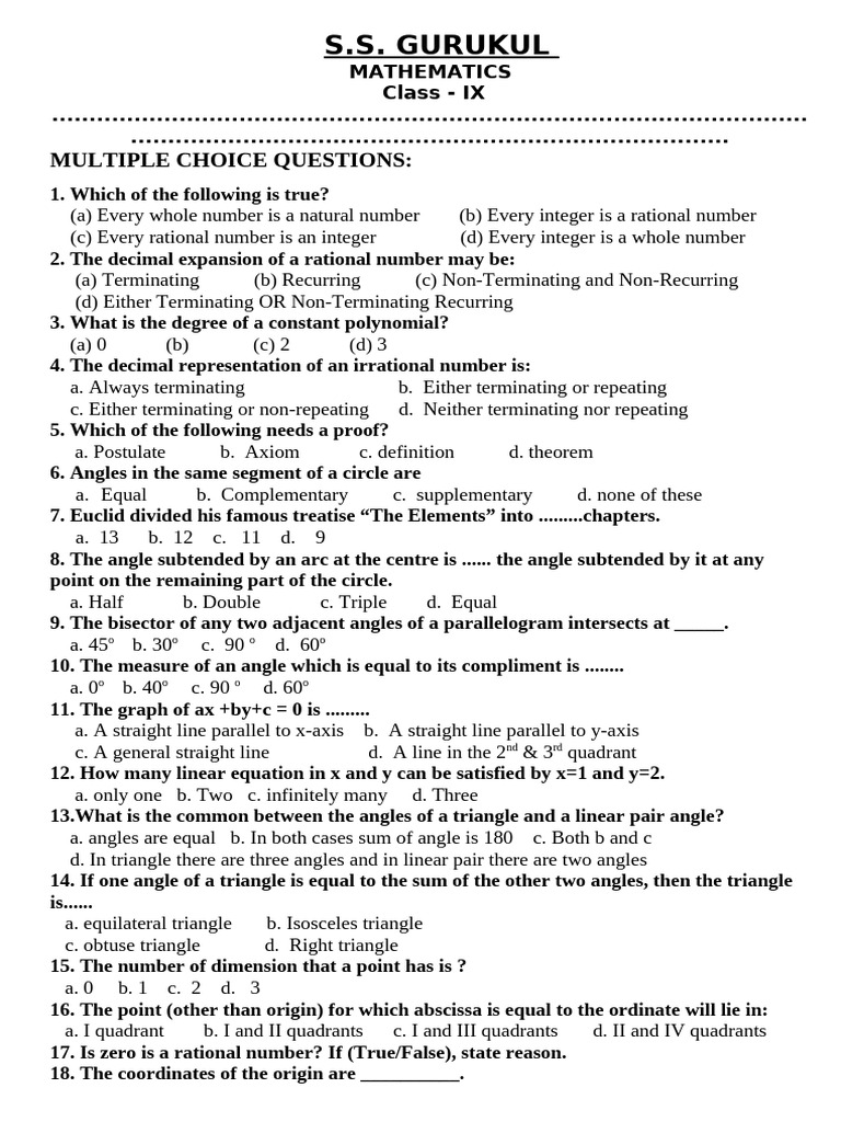 Class 9 MCQ All Chapters | PDF | Numbers | Triangle