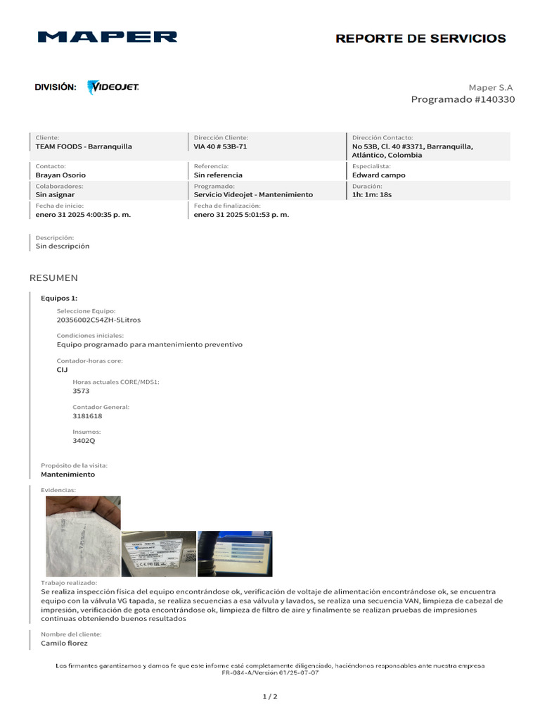 Mantenimiento Preventivo Videojet 140330 | PDF