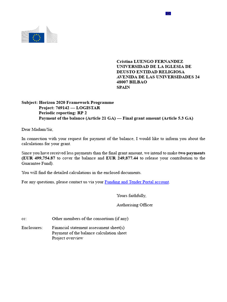 Payment of The Balance Letter To Coordinator | PDF