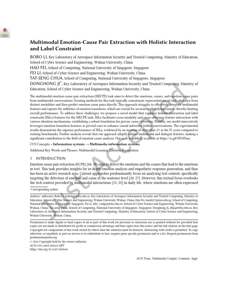 Multimodal Emotion-Cause Pair Extraction With Holistic Interaction and Label Constraint | PDF ...