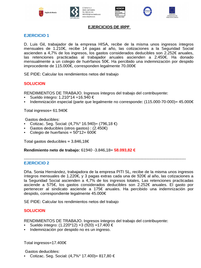 Ejercicios de Irpf e Is Solucionados | PDF | Salario | Impuestos
