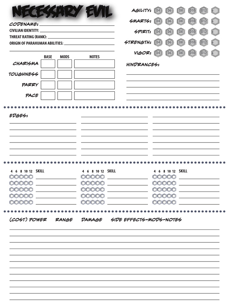 Form-Fillable - Necessary Evil Character Sheet - Explorer Edition | PDF