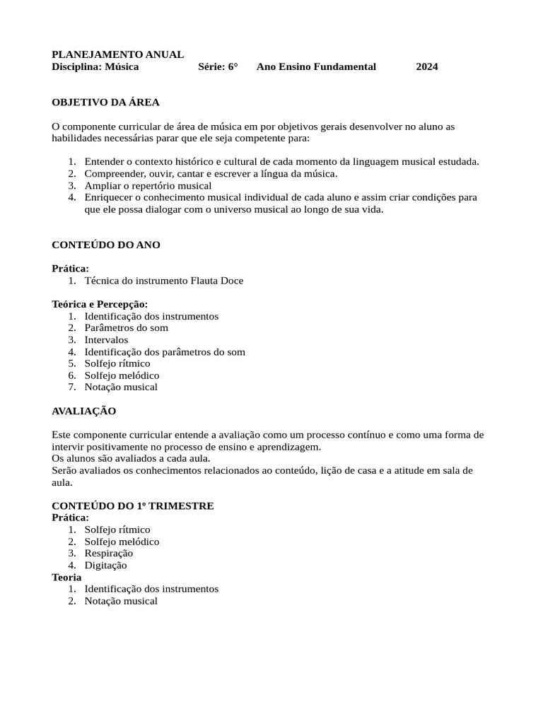 Plano de Aula 6° Ano | PDF