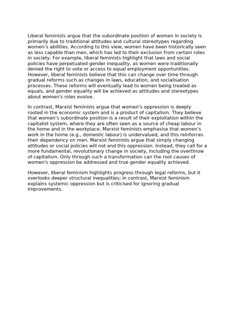 Liberal vs. Marxist Feminism Debate | PDF