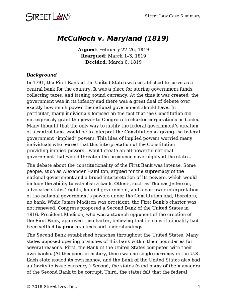 McCulloch V Maryland Case Brief | PDF | Necessary And Proper Clause ...