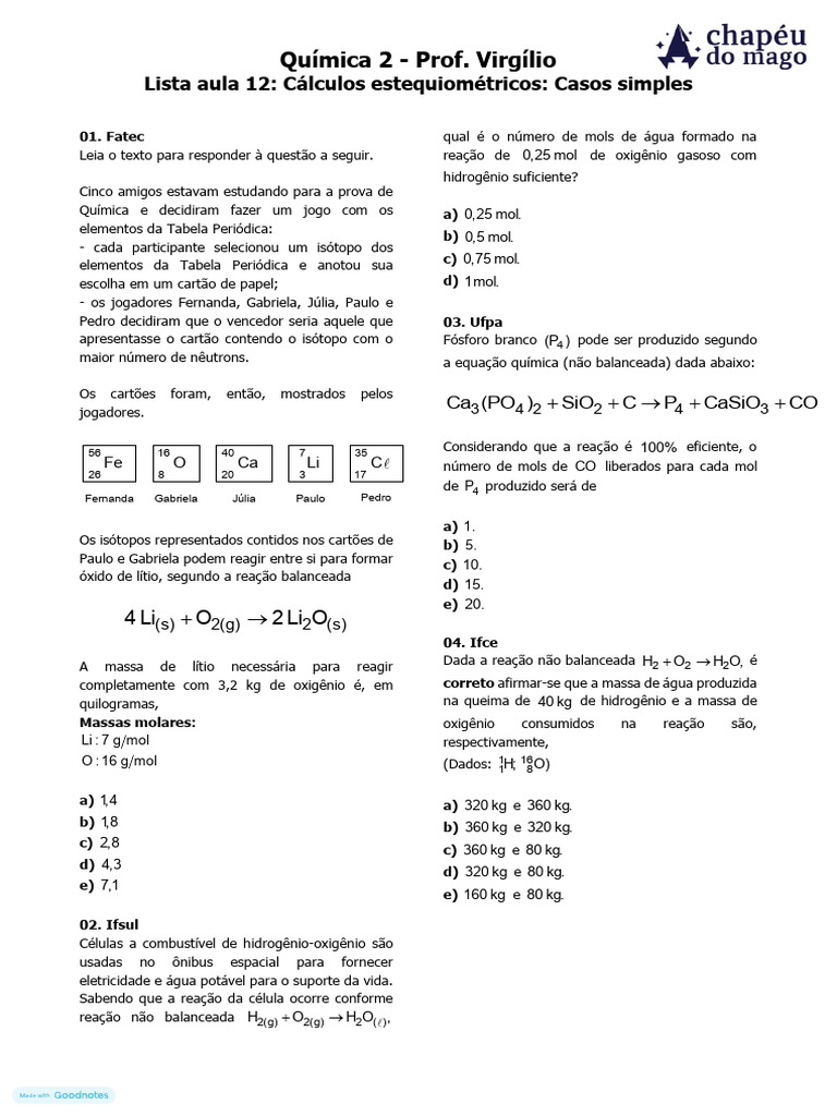 Lista Aula 12_ C%C3%A1lculo Estequiom%C3%A9trico Casos Simples.pdf | PDF | Combustão | Mol (unidade)