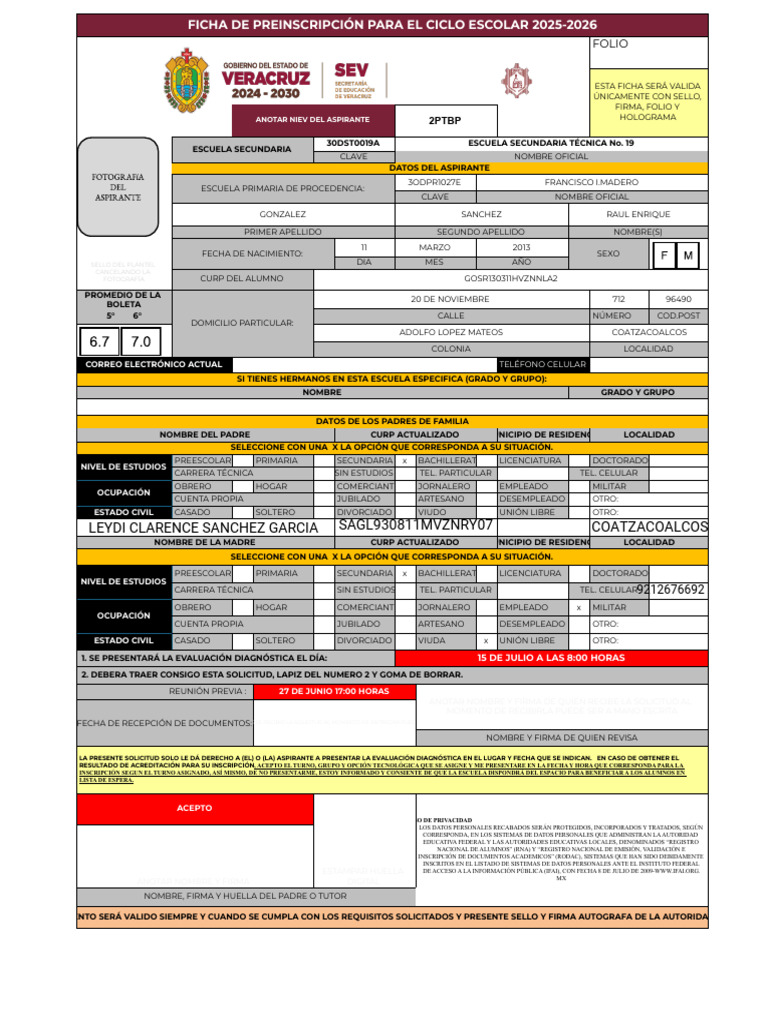 Ficha de Preinscripción Secundaria 2025-2026 | PDF