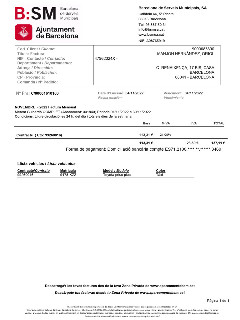 Cliente Contacto: Cod. Client /: NIF - Contacte /: Titular Factura | PDF