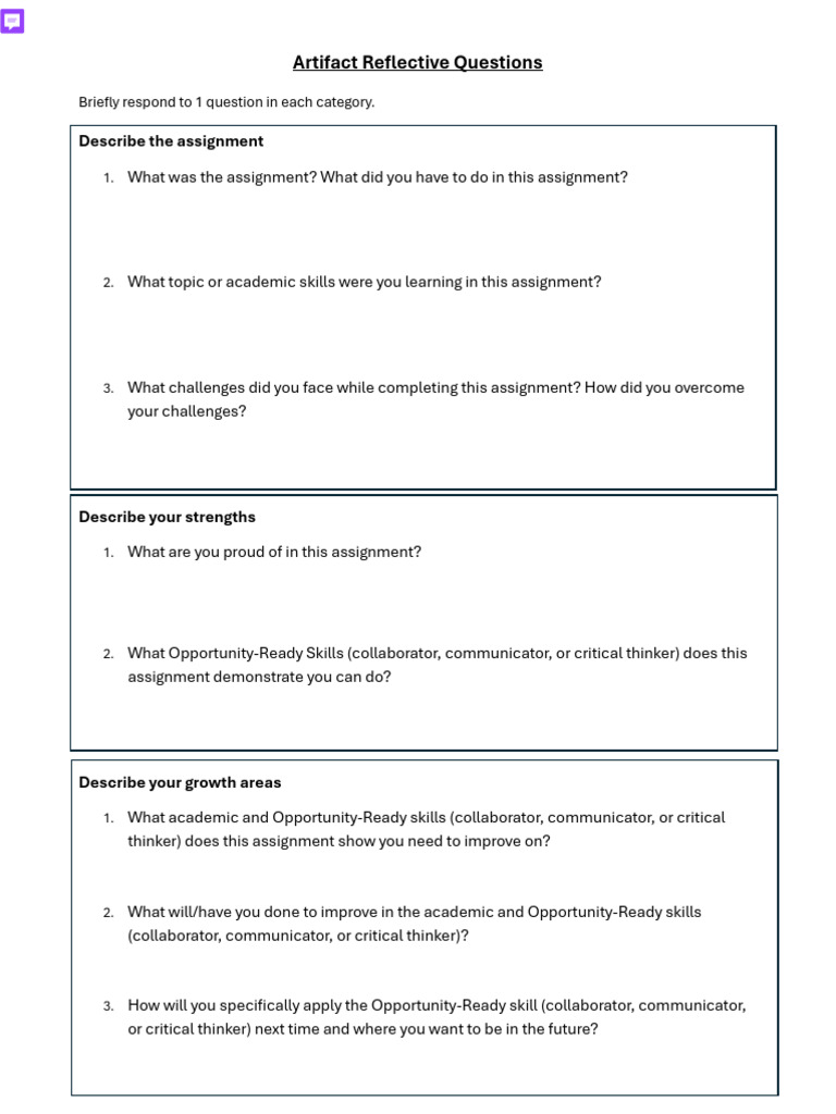 Artifact Reflective Questions Fillable | PDF